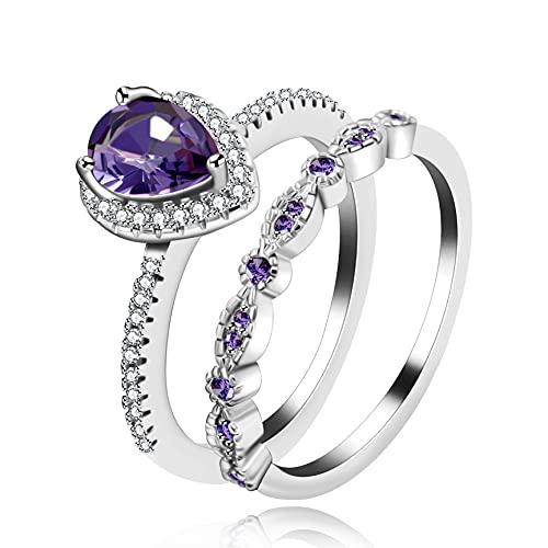 N/C 2pcs Stacking Rings Set, Crystal Milgrain Eternity Wedding Band & Purple Teardrop Halo Ring Engagement Promise (size 9)