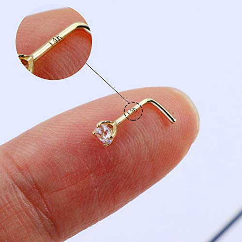 CM Crareesi Mania 14K Real Solid Yellow Gold Nose Stud 20Gauge Prong Set Round CZ L Bend Nose Stud Piercing