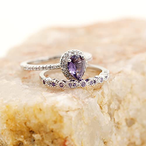 N/C 2pcs Stacking Rings Set, Crystal Milgrain Eternity Wedding Band & Purple Teardrop Halo Ring Engagement Promise (size 9)