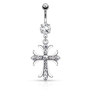 pierced owl 14g 316l surgical steel celtic cross with paved gems dangling belly button ring (silver tone)