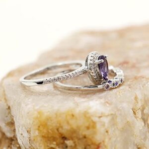 N/C 2pcs Stacking Rings Set, Crystal Milgrain Eternity Wedding Band & Purple Teardrop Halo Ring Engagement Promise (size 9)