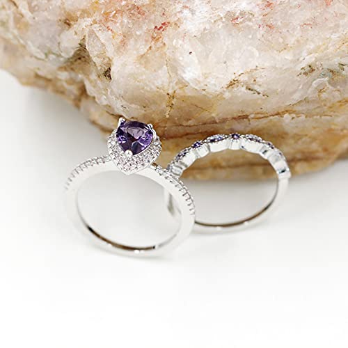 N/C 2pcs Stacking Rings Set, Crystal Milgrain Eternity Wedding Band & Purple Teardrop Halo Ring Engagement Promise (size 9)