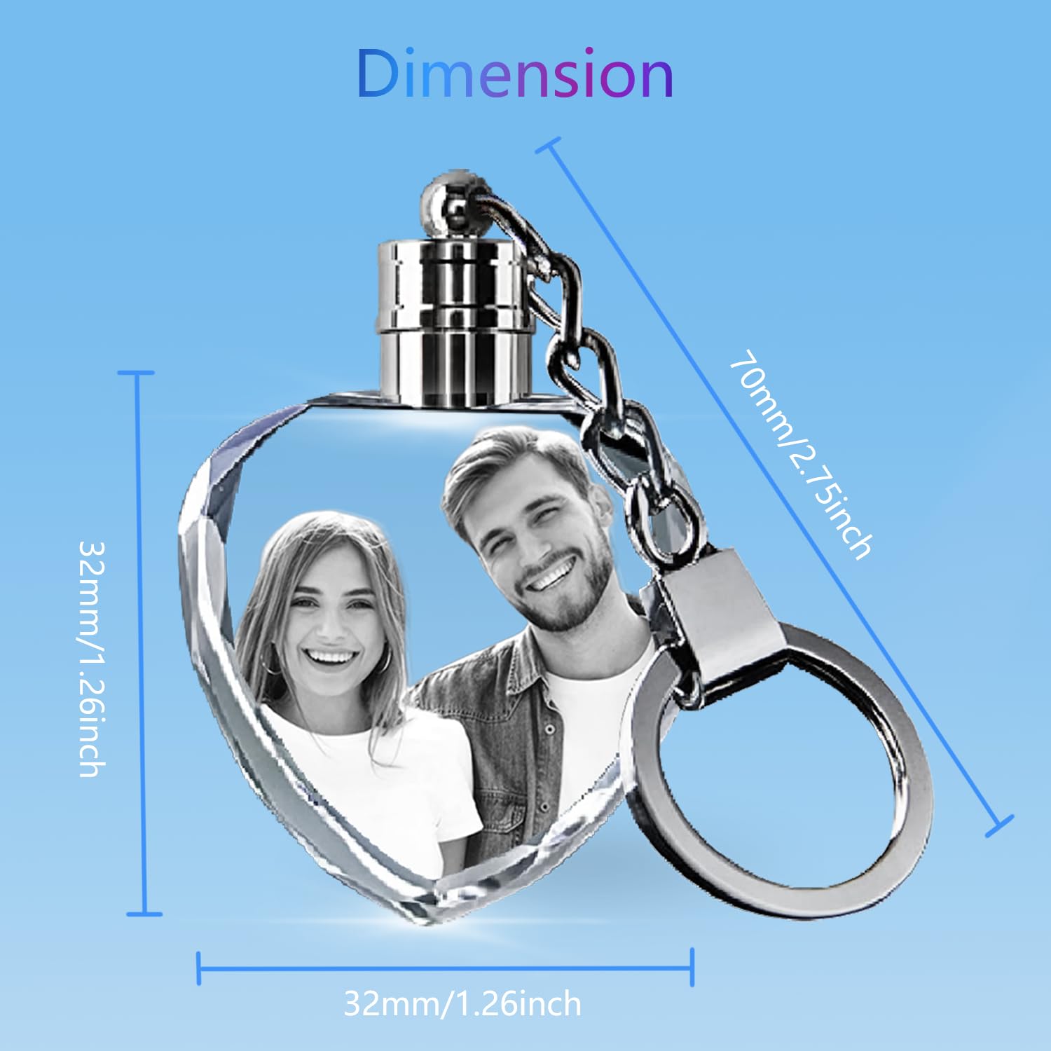 HAN'S LASER Personalized Keychains with LED Light, Mini Heart Shaped, 3D Crystal Keychain with Your Own Photo, Great Memorial Gifts