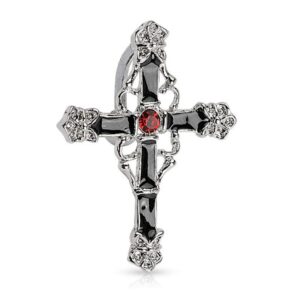 14g black enamel colored cross with red gem center rhodium plated top drop navel belly ring