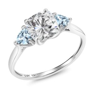 10k white gold white moissanite from charles & colvard and sky blue aquamarine 3-stone engagement ring for women (2.11 cttw, 7mm cushion and 4mm trillion, available in size 5, 6, 7, 8, 9)