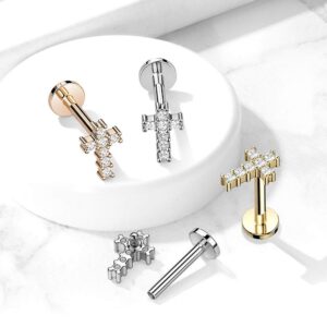 Pierced Owl 16G Stainless Steel Internally Threaded CZ Crystal Paved Cross Top Flat Back Lip Cartilage Stud (Rose Gold Tone, Bar Length: 8mm)