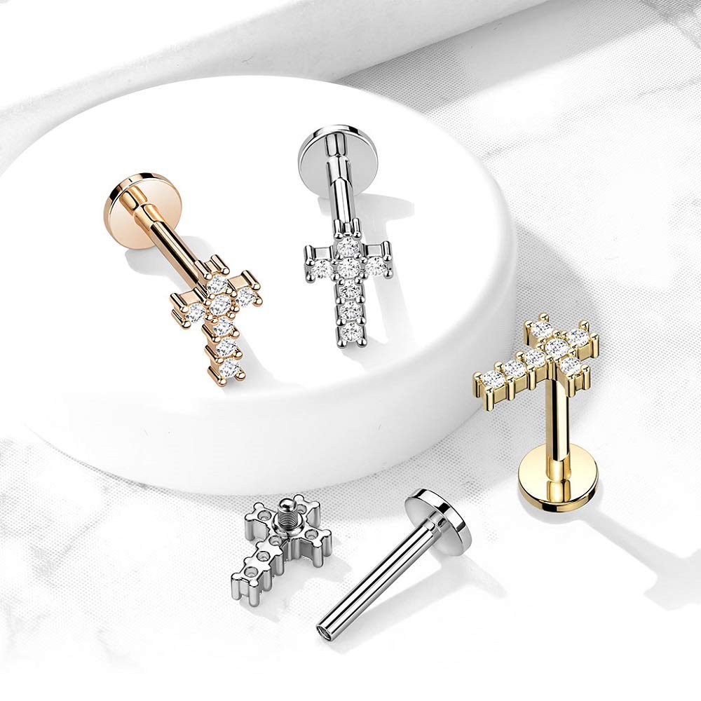 Pierced Owl 16G Stainless Steel Internally Threaded CZ Crystal Paved Cross Top Flat Back Lip Cartilage Stud (Rose Gold Tone, Bar Length: 8mm)