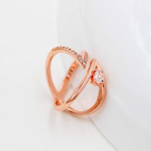 N/C Rose Gold Plated Pear CZ Crossover X Ring for Women, Adjustable Stacking Infinity Wedding Band with Birthstone (white)