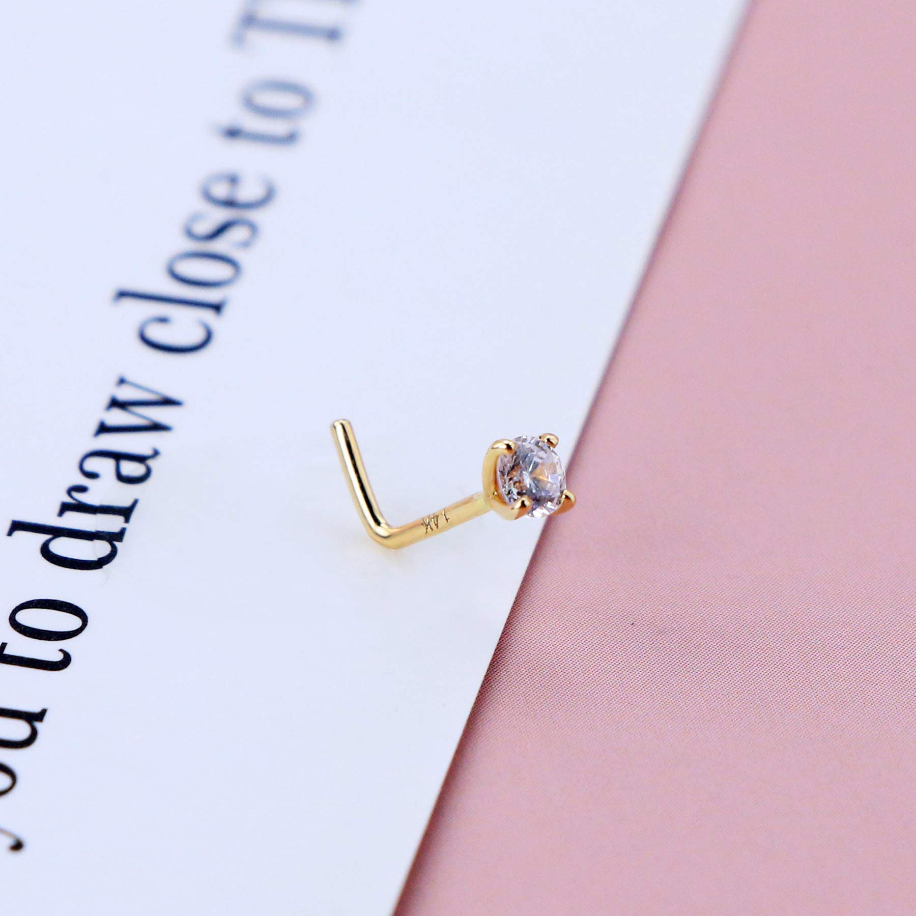 CM Crareesi Mania 14K Real Solid Yellow Gold Nose Stud 20Gauge Prong Set Round CZ L Bend Nose Stud Piercing