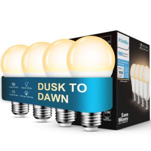 mikewin dusk to dawn light bulbs outdoor, 3000k warm white, 12w(100w equivalent) auto on/off light sensor led lighting bulb for wall lantern, porch, boundary, garage, patio, front door, 4 pack