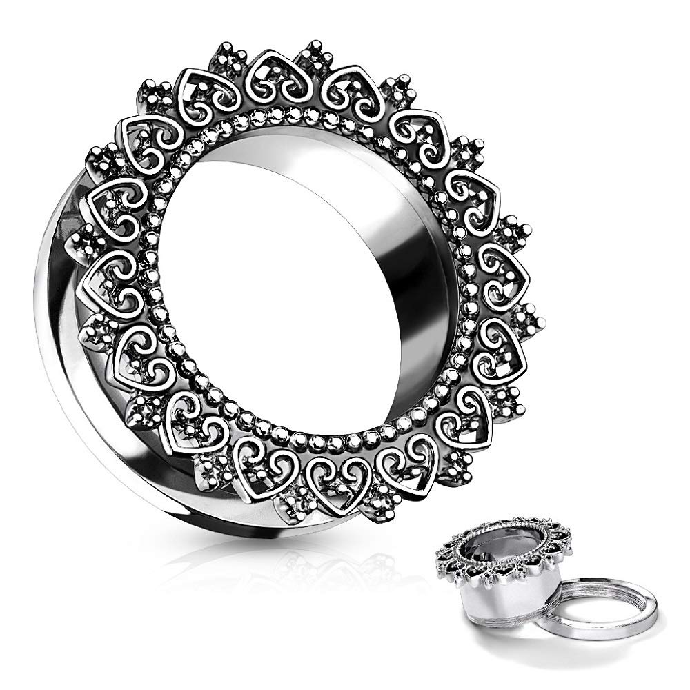 Pierced Owl Stainless Steel Tribal Filigree Heart Screw Fit Tunnel Plug Gauges, Sold as a Pair (8mm (0GA))