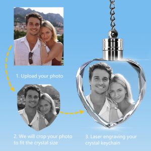 HAN'S LASER Personalized Keychains with LED Light, Mini Heart Shaped, 3D Crystal Keychain with Your Own Photo, Great Memorial Gifts