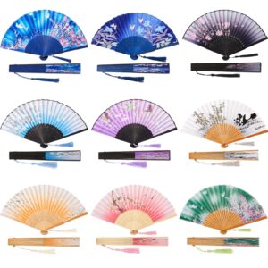 jetec 9 pieces floral folding hand fans chinese style bamboo folding fan handheld fabric folding fan with tassel vintage pattern hand fan hollowed bamboo hand holding fan, 8.3 inch (assorted styles)