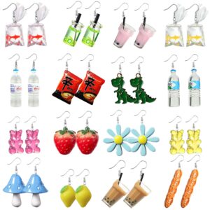 eielo 16 pairs cute funny weird earrings boba water bottle pearl milk tea food gummy bear fruit mushroom goldfish earring set cute funny dangle drop earrings for women