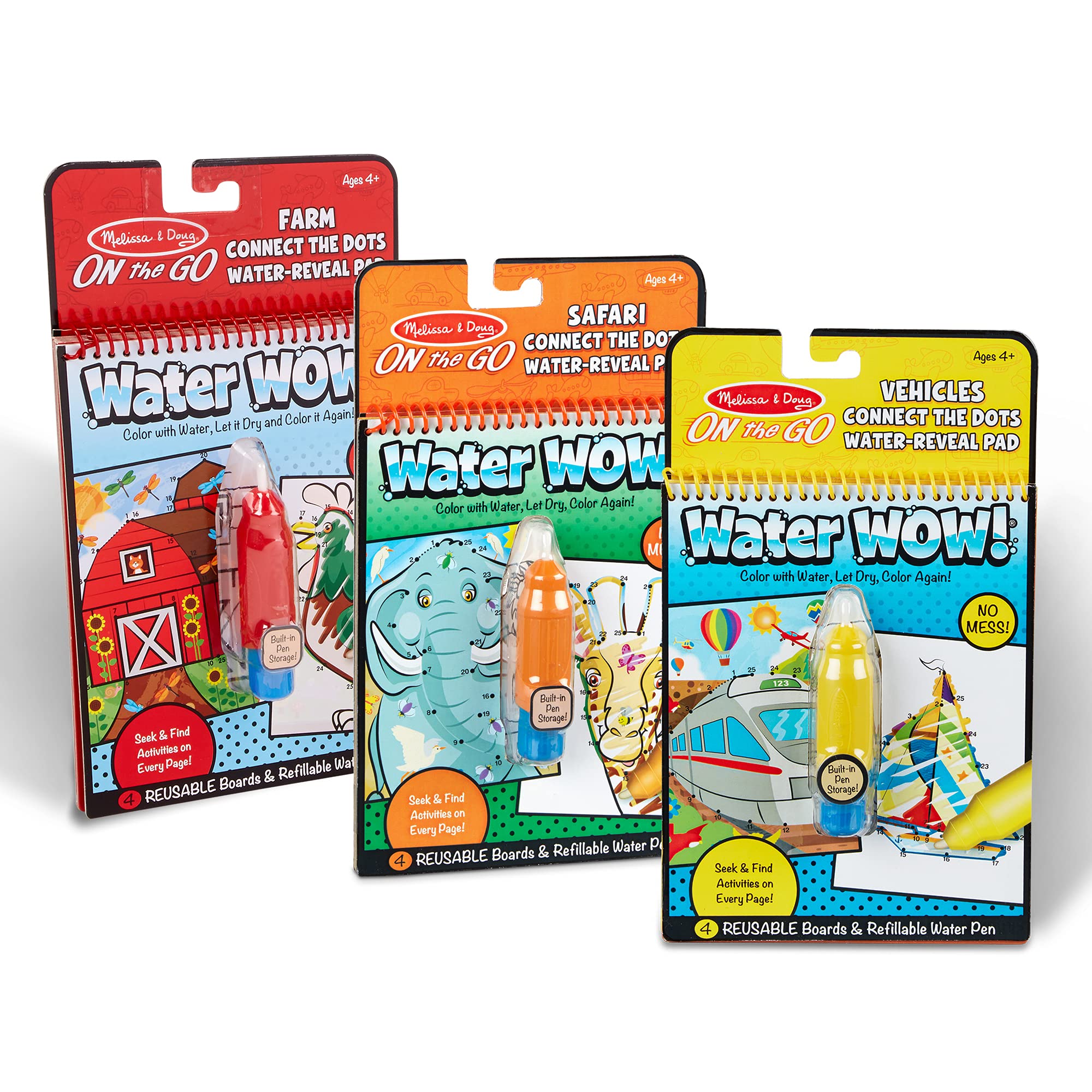 Melissa & Doug On the Go Water Wow! Reusable Water-Reveal Activity Pads, 3pk, Connect The Dots - Vehicles, Farm, Safari, Party Favors, Stocking Stuffers, Travel Toys, Mess Free Coloring Books, Ages 4+