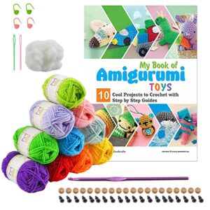 crochet kit for beginners | learn to crochet stuffed toys | amigurumi guide book with step-by-step instructions on 10 unique projects| 32 colored yarn skeins (700 yards) and all accessories