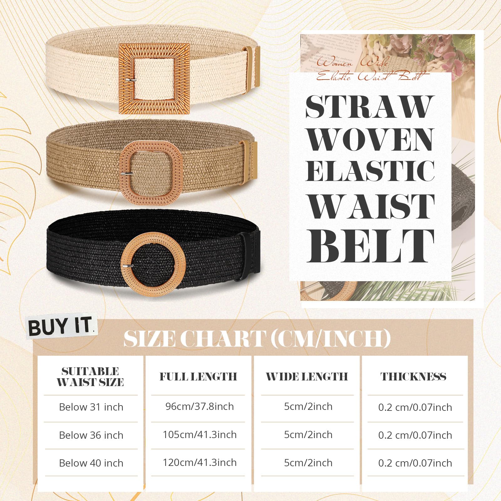 Syhood 3 Pieces Straw Woven Elastic Waist Belt for Women Bohemian Dress Braided Belt (Black, Khaki, Beige,Fit Waist Size Below 40'')