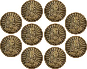 jesus coin, bulk pack of 10, head of christ by warner sallman challenge coin, easter handout, kjv bible verse prayer token, antique gold plated catholic and christian religious jesus picture coin