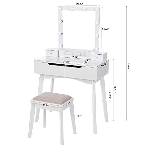 BEWISHOME Makeup Vanity Set with Lighted Mirror with 10 LED Bulbs, Makeup desk with 4 Drawers 2 DIY Dividers Removable Makeup Organizer & Cushioned Stool, White Table FST10W