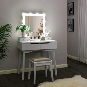 BEWISHOME Makeup Vanity Set with Lighted Mirror with 10 LED Bulbs, Makeup desk with 4 Drawers 2 DIY Dividers Removable Makeup Organizer & Cushioned Stool, White Table FST10W