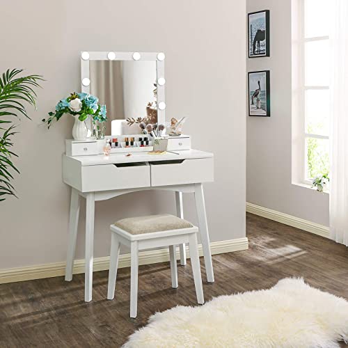 BEWISHOME Makeup Vanity Set with Lighted Mirror with 10 LED Bulbs, Makeup desk with 4 Drawers 2 DIY Dividers Removable Makeup Organizer & Cushioned Stool, White Table FST10W