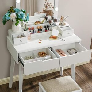 BEWISHOME Makeup Vanity Set with Lighted Mirror with 10 LED Bulbs, Makeup desk with 4 Drawers 2 DIY Dividers Removable Makeup Organizer & Cushioned Stool, White Table FST10W