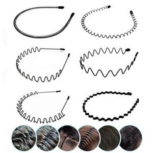 jerlitu metal hair band - 6 pieces metal headband for men and women, adjustable, durable, wavy hairband, hair bands for sports, fashion, unisex, black, elastic, 6 count