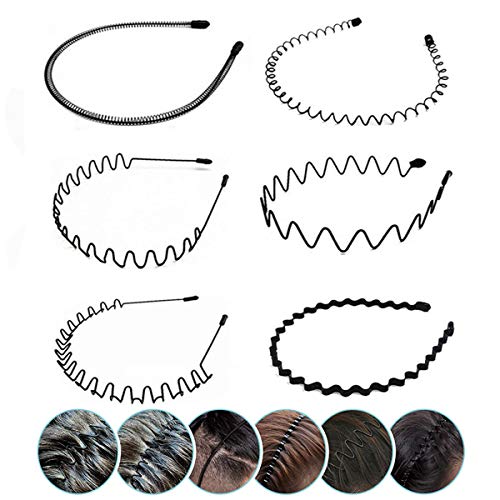 JERLITU Metal Hair Band - 6 Pieces Metal Headband for Men and Women, Adjustable, Durable, Wavy Hairband, Hair Bands for Sports, Fashion, Unisex, Black, Elastic, 6 Count