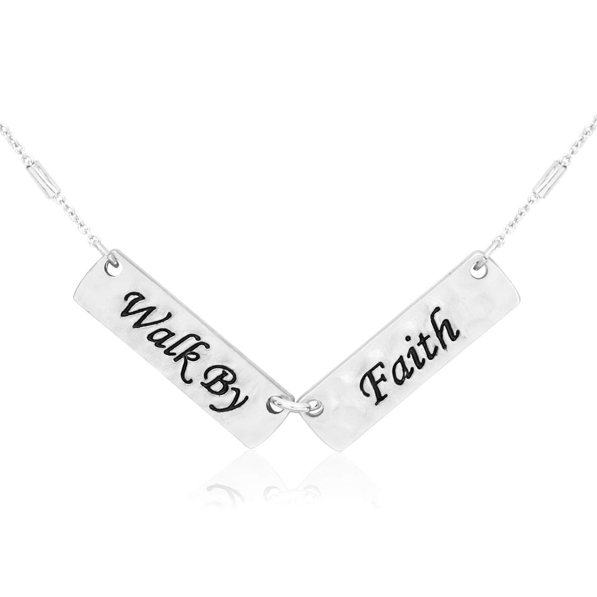 RIAH FASHION Simple Message Horizontal Bar Pendant Necklace - Inspirational Religious Engraved Plate Delicate Chain Faith (Double Plate - Walk By Faith Matte Silver)