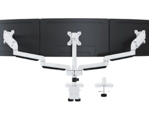 mountup triple monitor mount, 3 monitor stand desk arm for max 32'' computer screens, max extension 62.3" gas spring triple monitor stand holds 4.4-19.8lbs, vesa bracket with clamp/grommet base, white