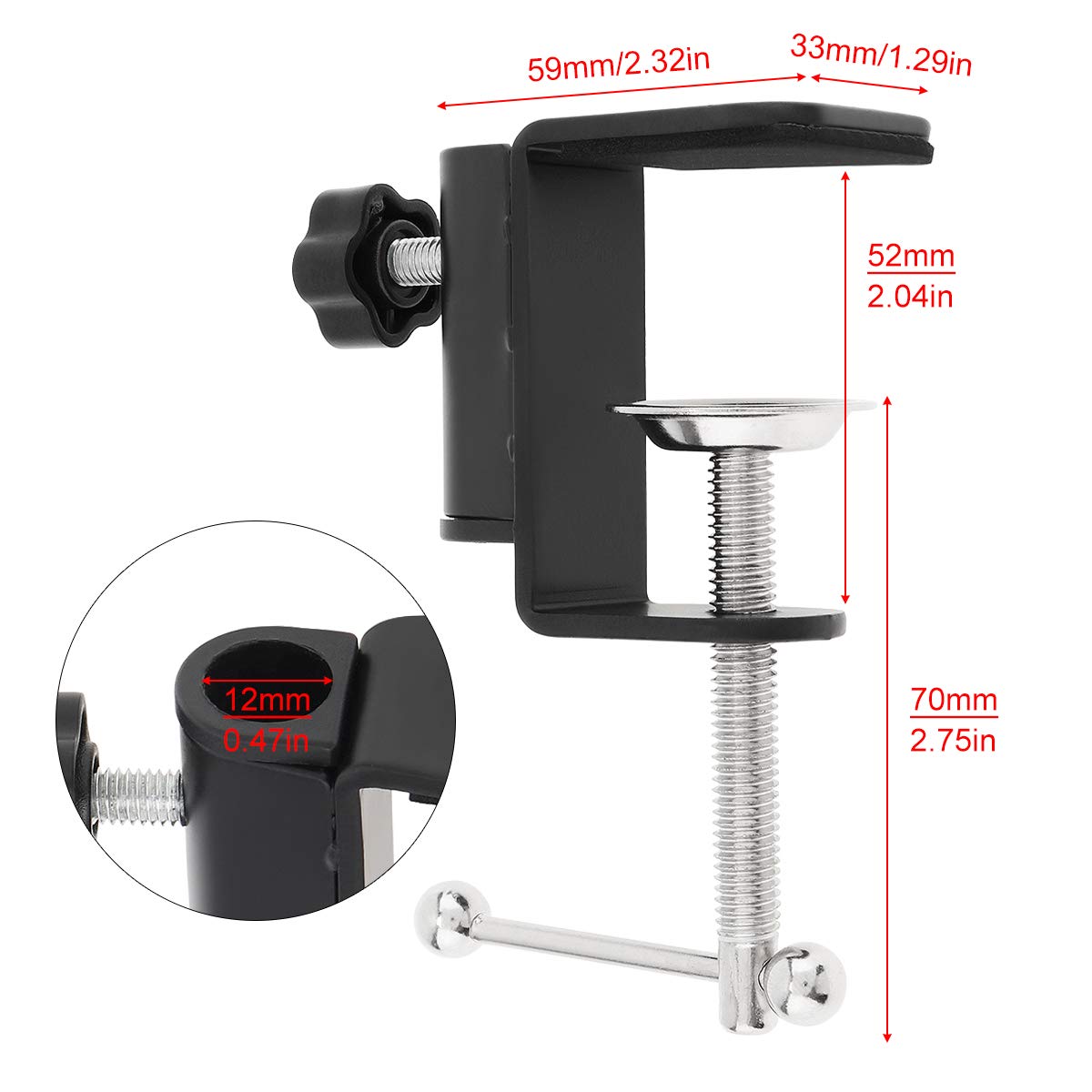 RTNLIT Universal C Shape Table Mount Clamp for Microphone Suspension Boom Scissor Arm Stand Holder with Adjustable Positioning Screw, Fits up to 1.77"/4.5cm Desktop Thickness-Black