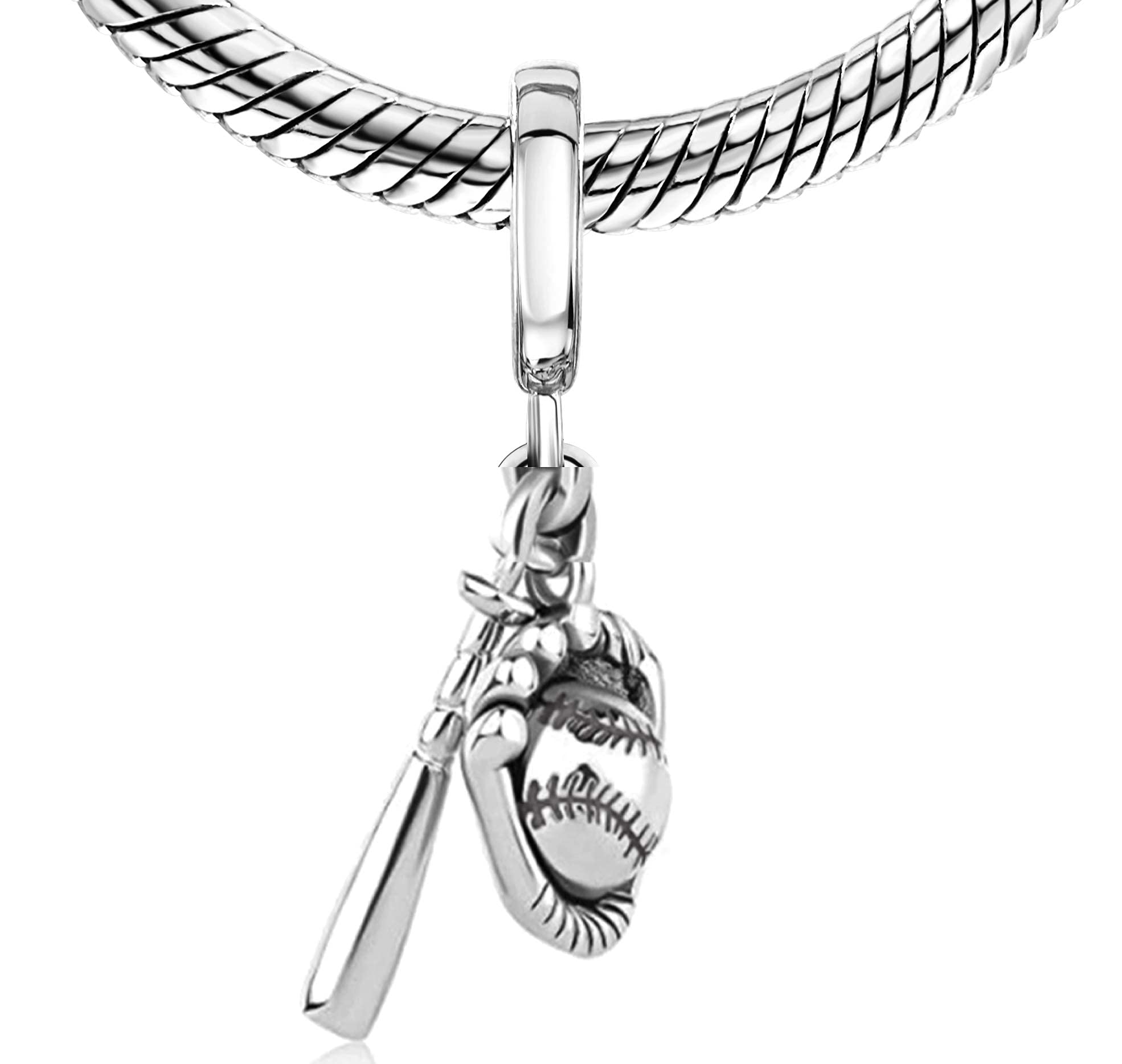 Bolenvi Baseball Bat Glove Sports 925 erling Silver Pendant Charm Bead For Pandora & Similar Charm Bracelets or Necklaces