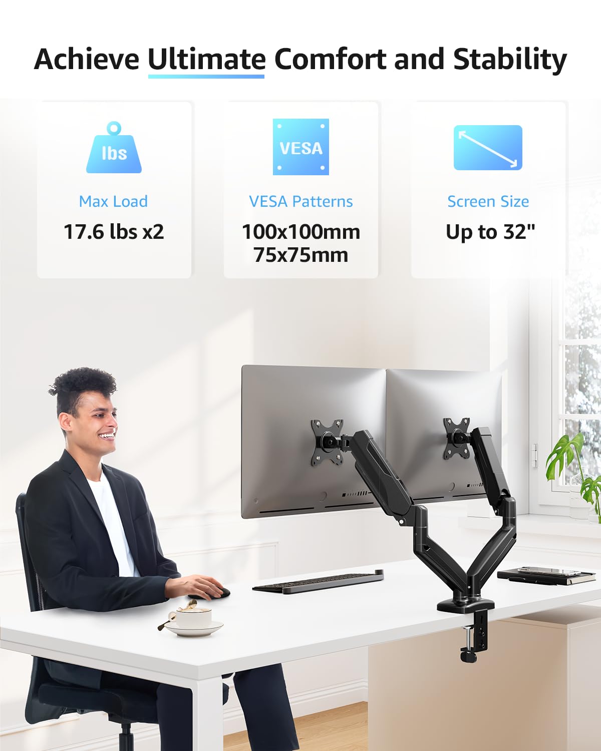 MOUNTUP Dual Monitor Mount for 17-32’’ Monitors, Double Monitor Arm Desk Mount Holds 4.4-17.6 lbs, Adjustable Computer Monitor Stand, 100x100/75x75mm VESA Mount, C Clamp/Grommet Base for 2 Screens