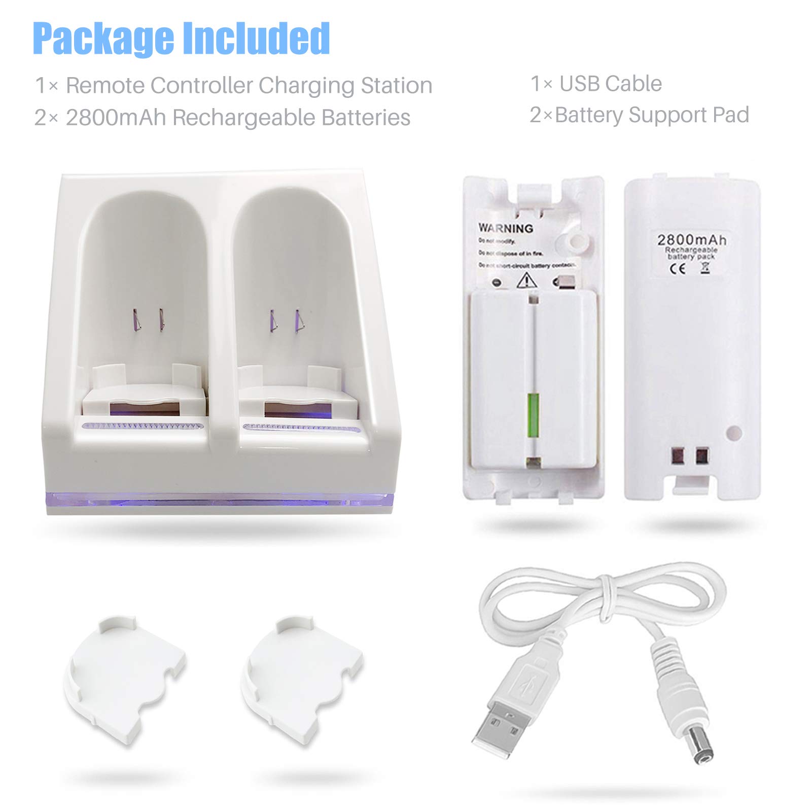 Rechargeable Battery Packs with Charger for Wii & Wii U Remote Controller,Montion Plus Controller(Dual Remote Charging Station Dock + 2 Pack 2800mAh Wii Replacement Batteries + USB Cable)