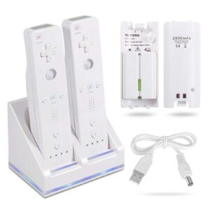 rechargeable battery packs with charger for wii & wii u remote controller,montion plus controller(dual remote charging station dock + 2 pack 2800mah wii replacement batteries + usb cable)