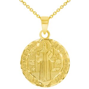 jewelry america solid 14k yellow gold round shaped st. benedict medallion charm pendant with cable chain necklace, 20"