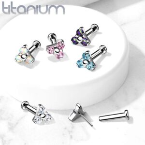 Dynamique Implant Grade Titanium Threadless Push in Labret With Prong Set CZ Trinity Triangle Top (Sold Per Piece)