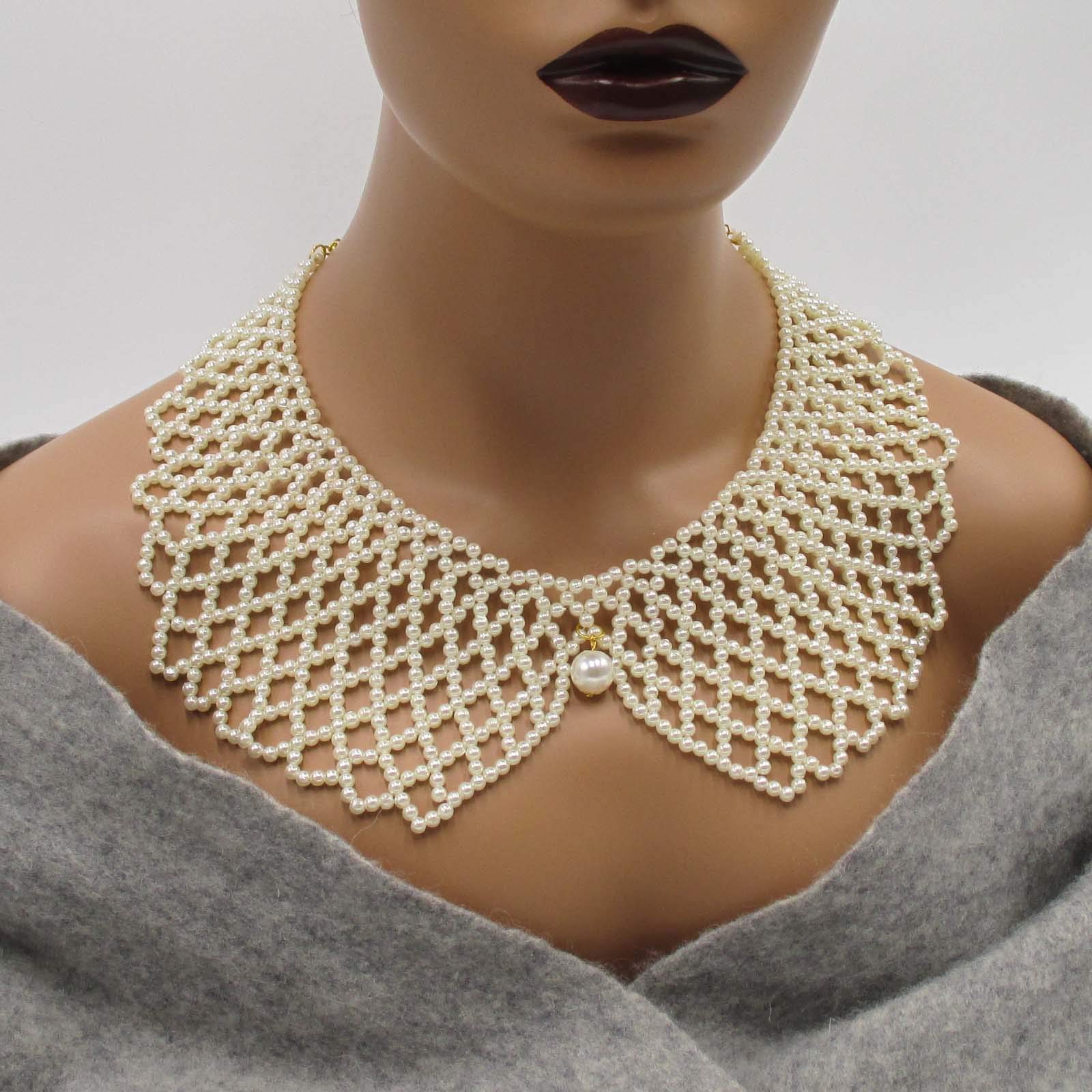 Trimscraft Collar Necklace Simulated Pearl Beads Bib Statement Detachable False Collar for Women