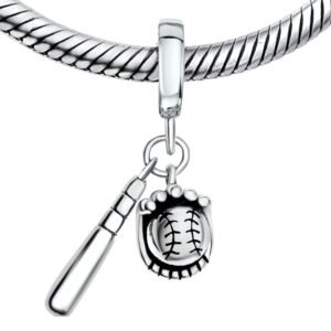 Bolenvi Baseball Bat Glove Sports 925 erling Silver Pendant Charm Bead For Pandora & Similar Charm Bracelets or Necklaces