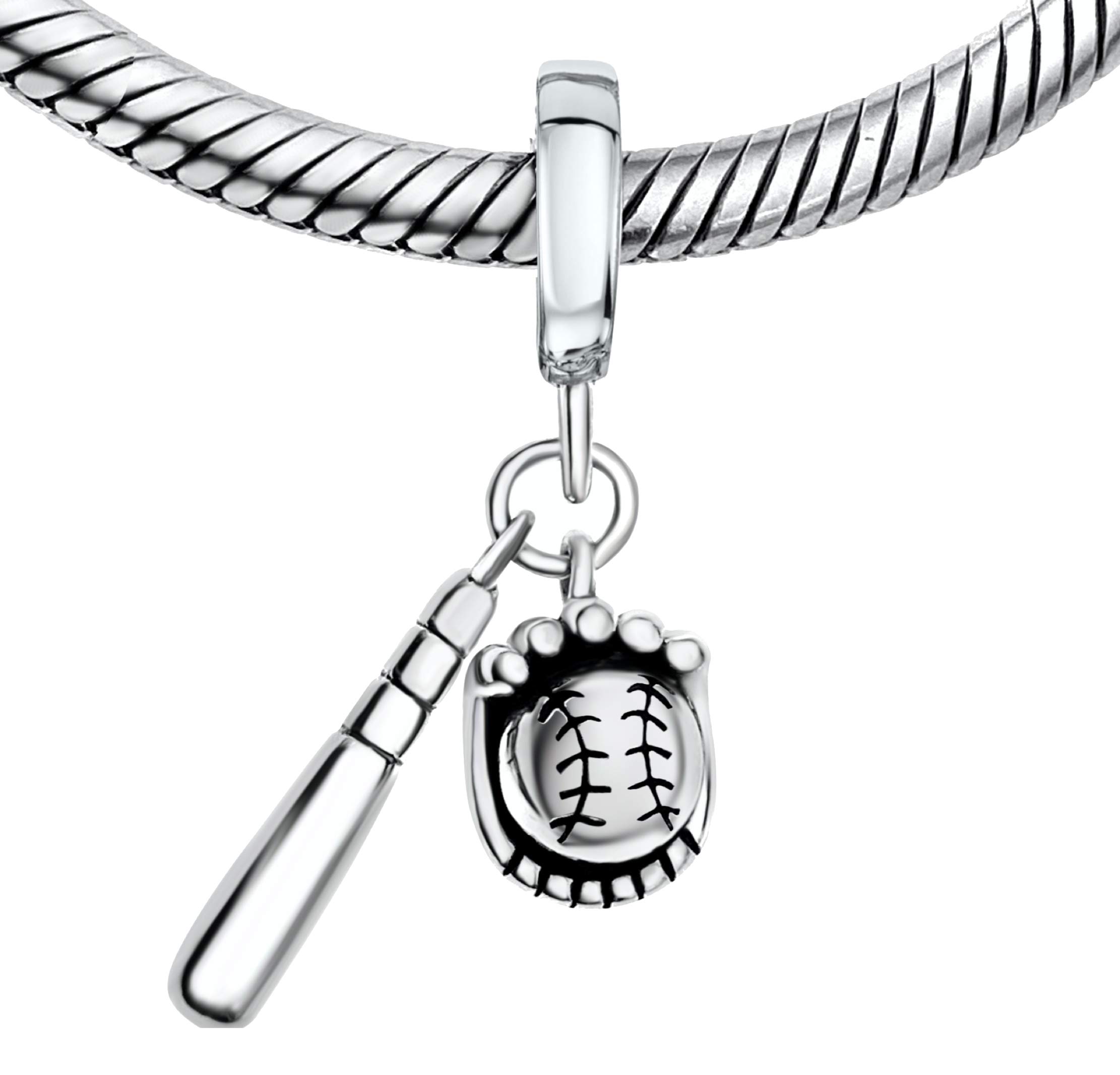 Bolenvi Baseball Bat Glove Sports 925 erling Silver Pendant Charm Bead For Pandora & Similar Charm Bracelets or Necklaces