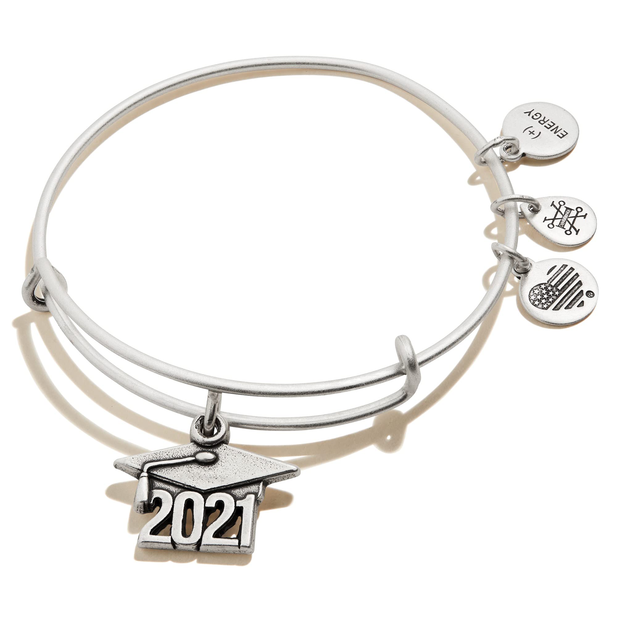 Alex and Ani Connections Expandable Bangle for Women, 2021 Graduation Cap Charm, Rafaelian Silver Finish, 2 to 3.5 in