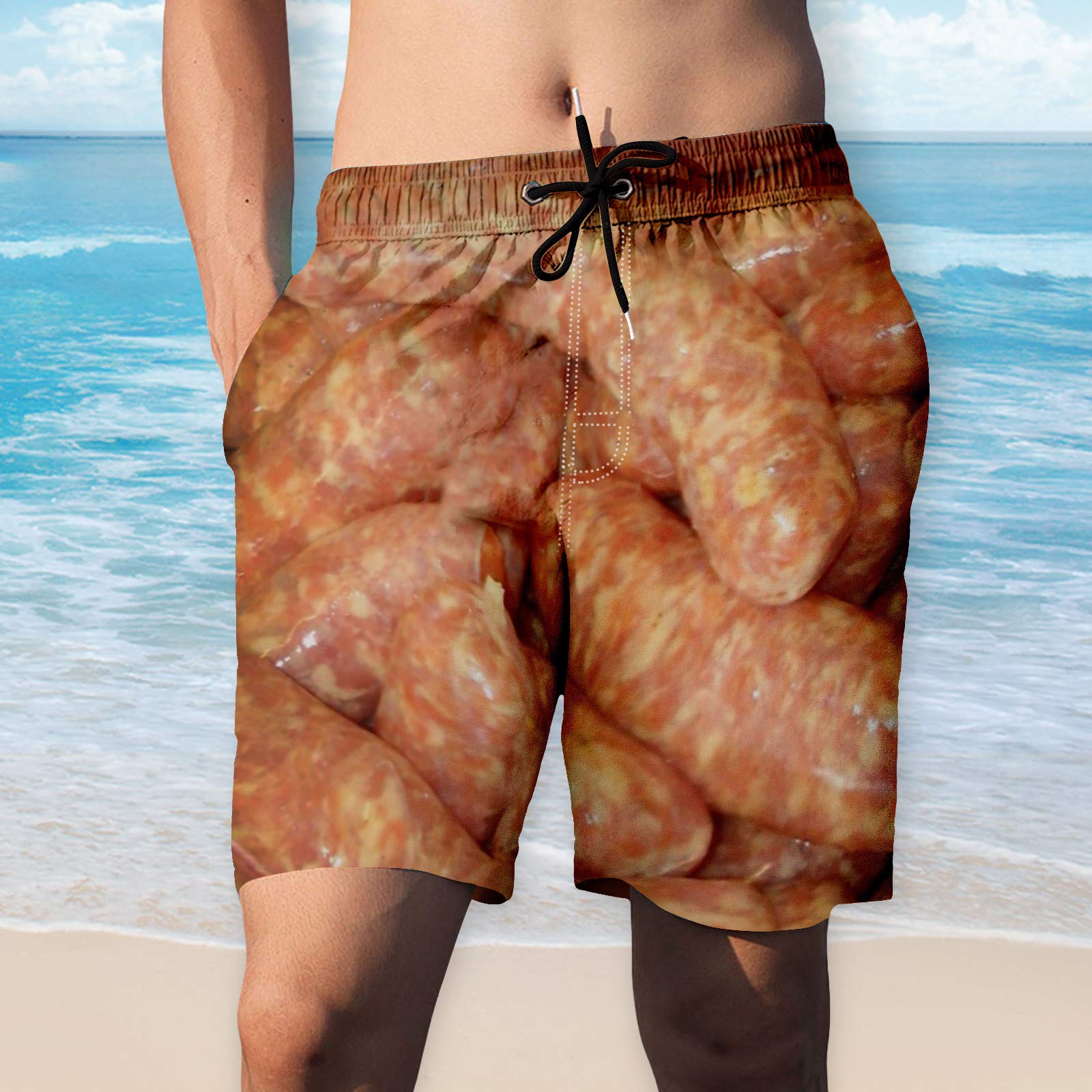 GDJGTA Men's Cool Swimtrunks Quick Dry 3D Food Sausage Printed Realistic Hawaiian Mesh Lining Beach Board Shorts with Pockets Yellow