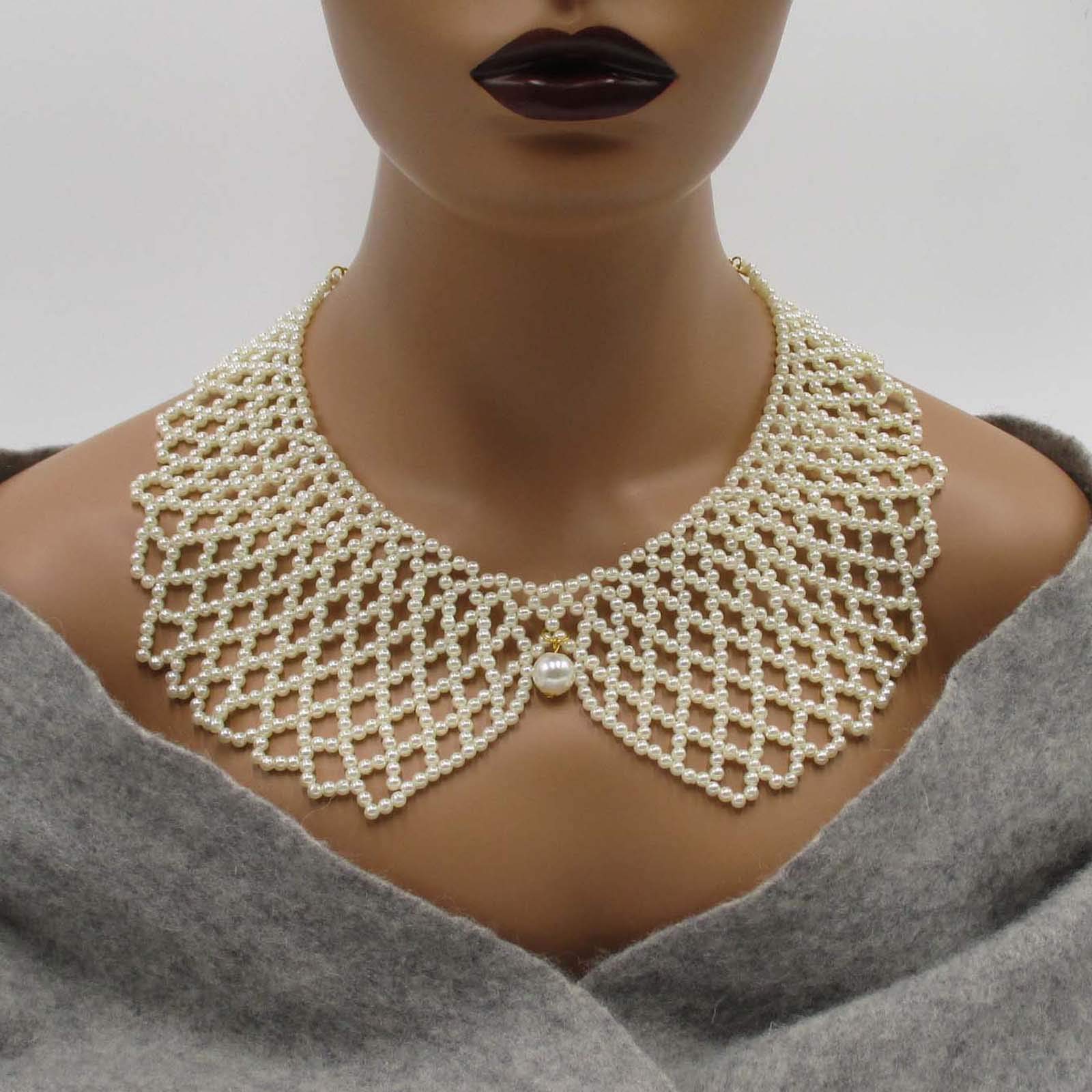 Trimscraft Collar Necklace Simulated Pearl Beads Bib Statement Detachable False Collar for Women