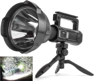 rechargeable spotlight flashlight high lumens, 900000 lumens super bright led searchlight with tripod and usb output, ipx5 waterproof 4 modes handheld spotlight for camping emergencies