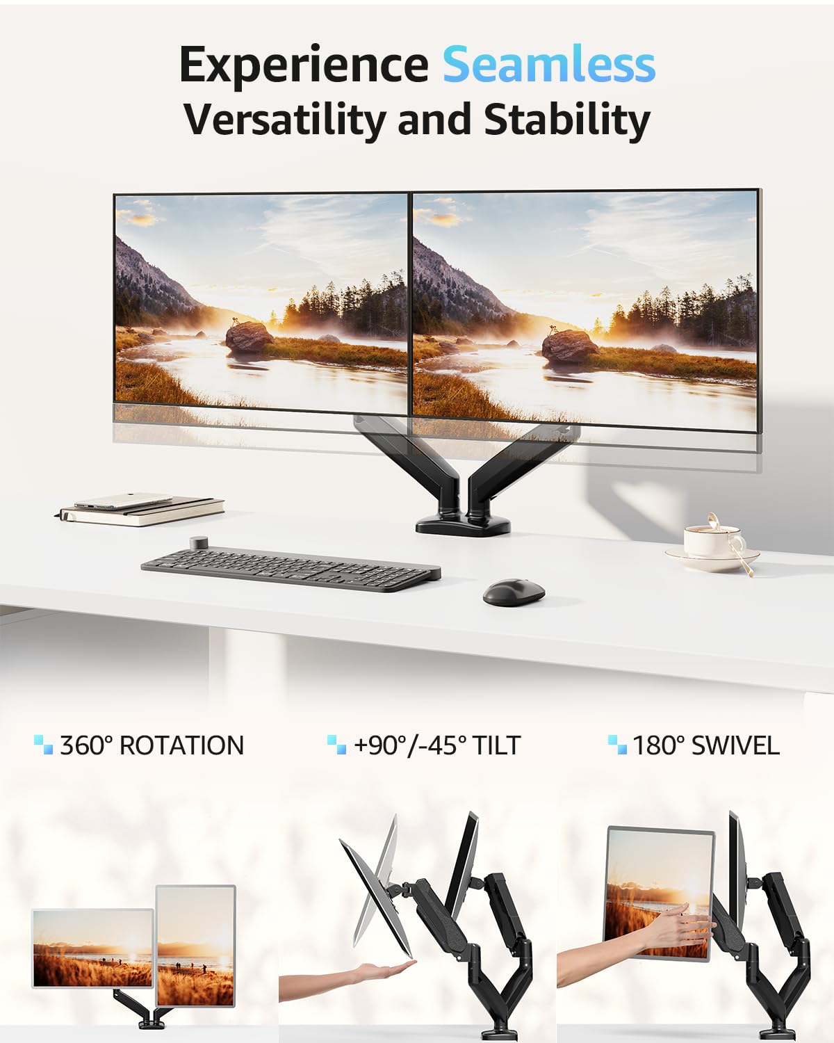 MOUNTUP Dual Monitor Mount for 17-32’’ Monitors, Double Monitor Arm Desk Mount Holds 4.4-17.6 lbs, Adjustable Computer Monitor Stand, 100x100/75x75mm VESA Mount, C Clamp/Grommet Base for 2 Screens