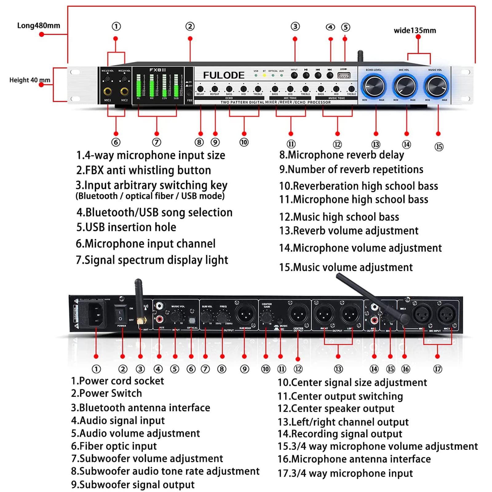 FULODE FX8 III professional KTV digital Pre-stage Effector one-button anti-howling audio processor 4input Echo