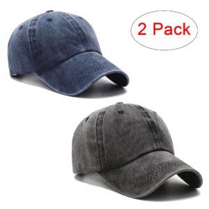 PFFY 2 Packs Vintage Washed Distressed Baseball Cap Dad Golf Hat Black+Blue