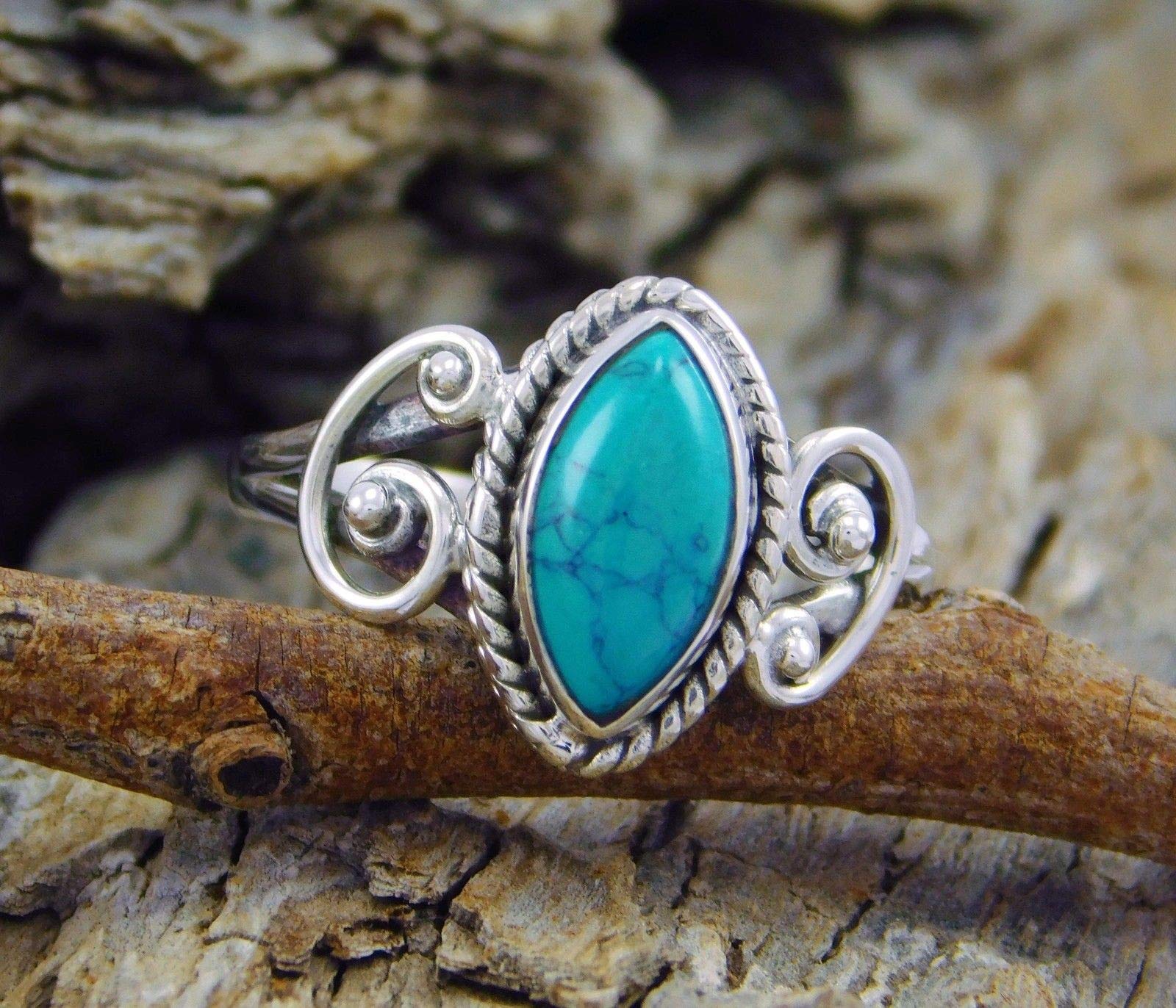 WANGYUSHENG Vintage Women's Silver Ring Marquise Cut Bohemia Turquoise Jewelry ，Chic Hand Made Jewelry Ring Wedding Ring Size 6-10 (US size 9)