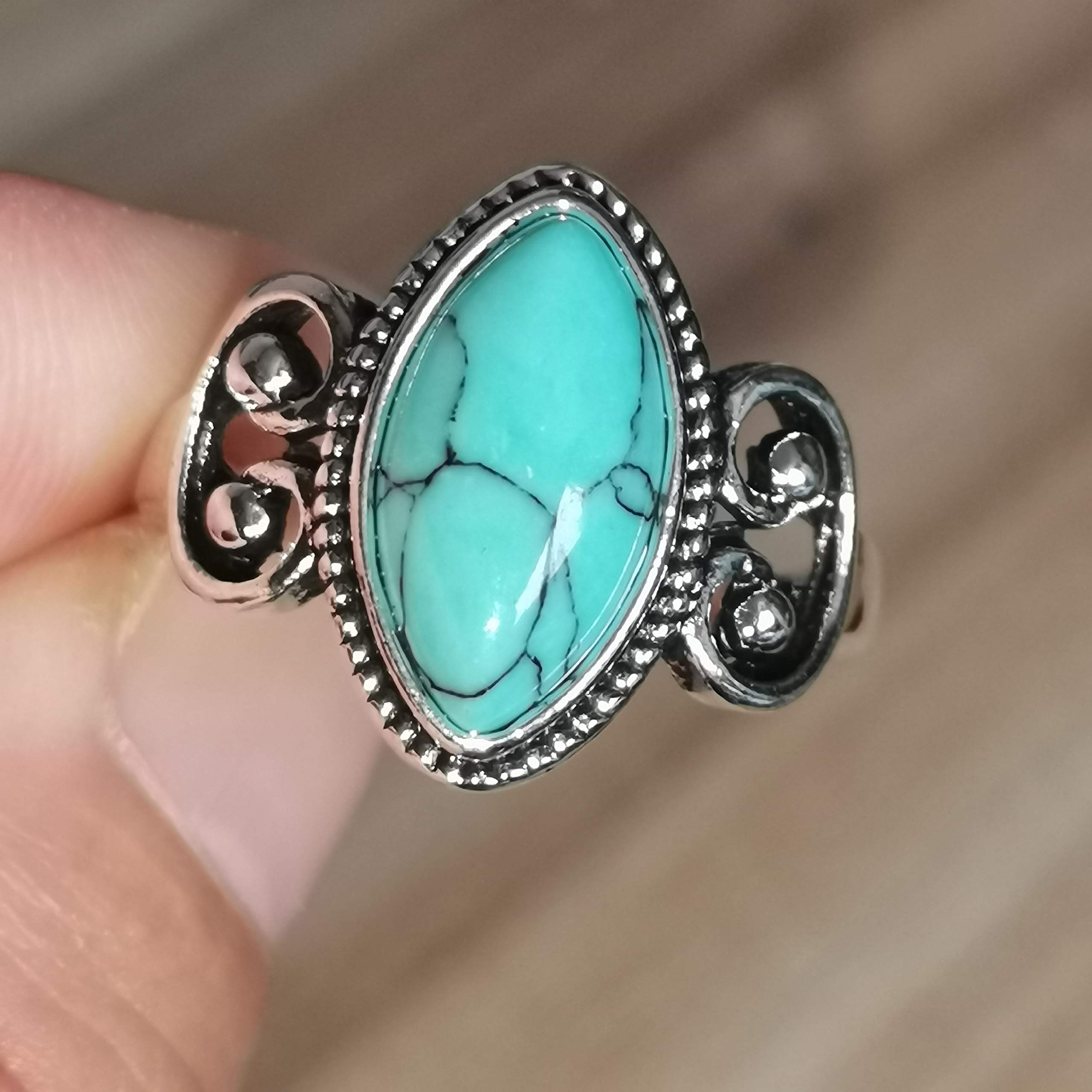 WANGYUSHENG Vintage Women's Silver Ring Marquise Cut Bohemia Turquoise Jewelry ，Chic Hand Made Jewelry Ring Wedding Ring Size 6-10 (US size 9)