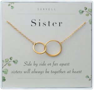 suavell sister necklace - sterling silver interlocking double circle necklace - birthday gift for my big or little sister - sister gifts for 2 - maid of honor gifts from the bride - 18k gold plating